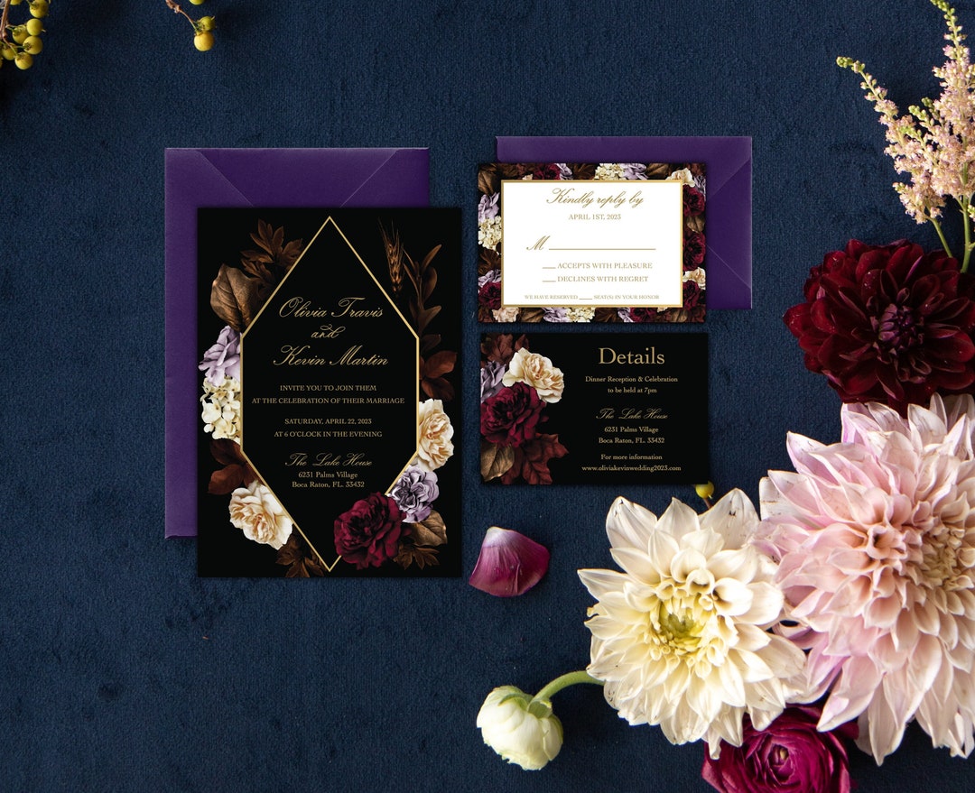 Dark Floral Wedding Invitation Purple Moody Invitation Black Botanical ...