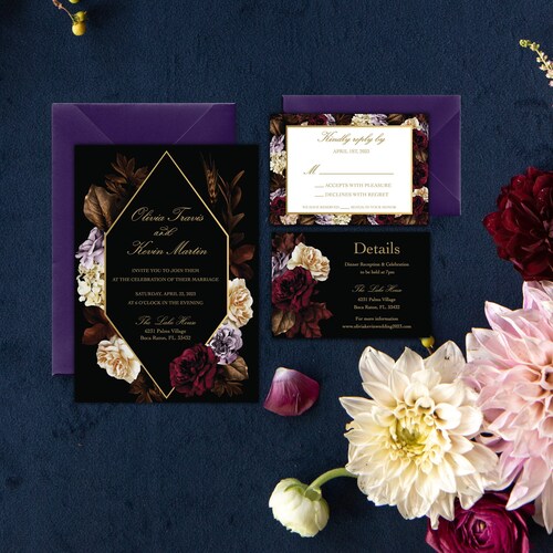 Dark Floral Wedding Invitation Purple Moody Invitation - Etsy
