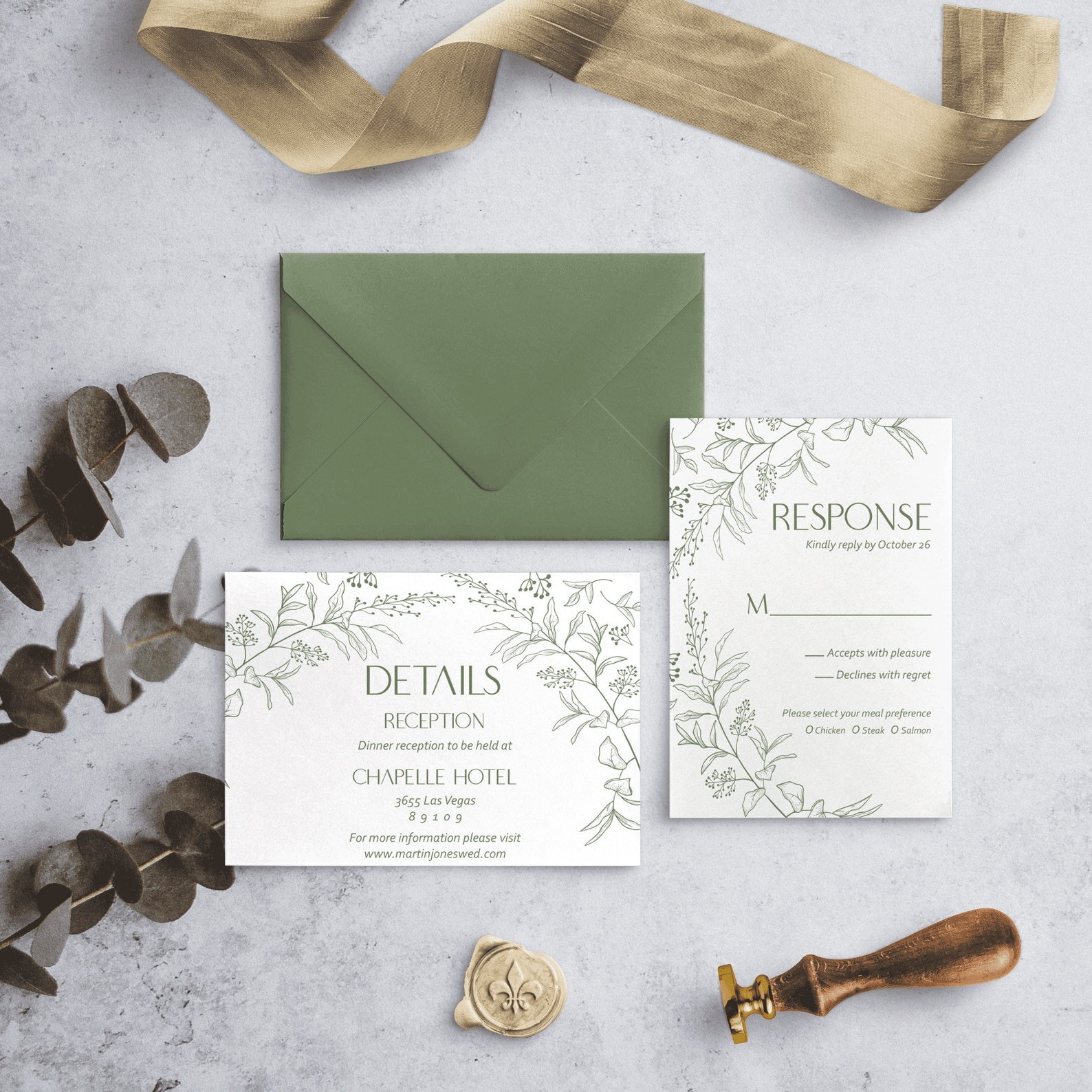 Green Wedding Invitation Leafy Olive Green Invitation | Etsy