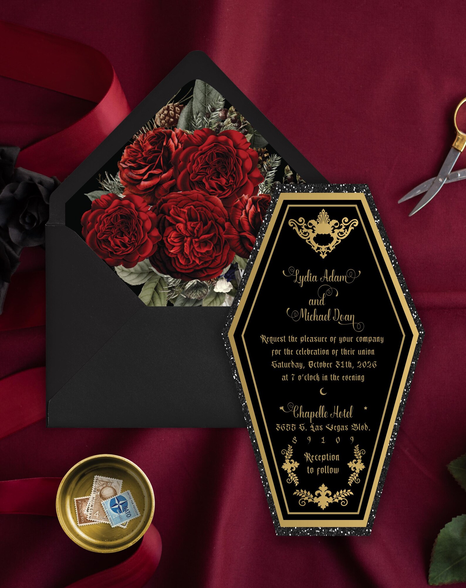 Black and Gold Coffin Wedding Invitation | Coffin and Red Roses ...