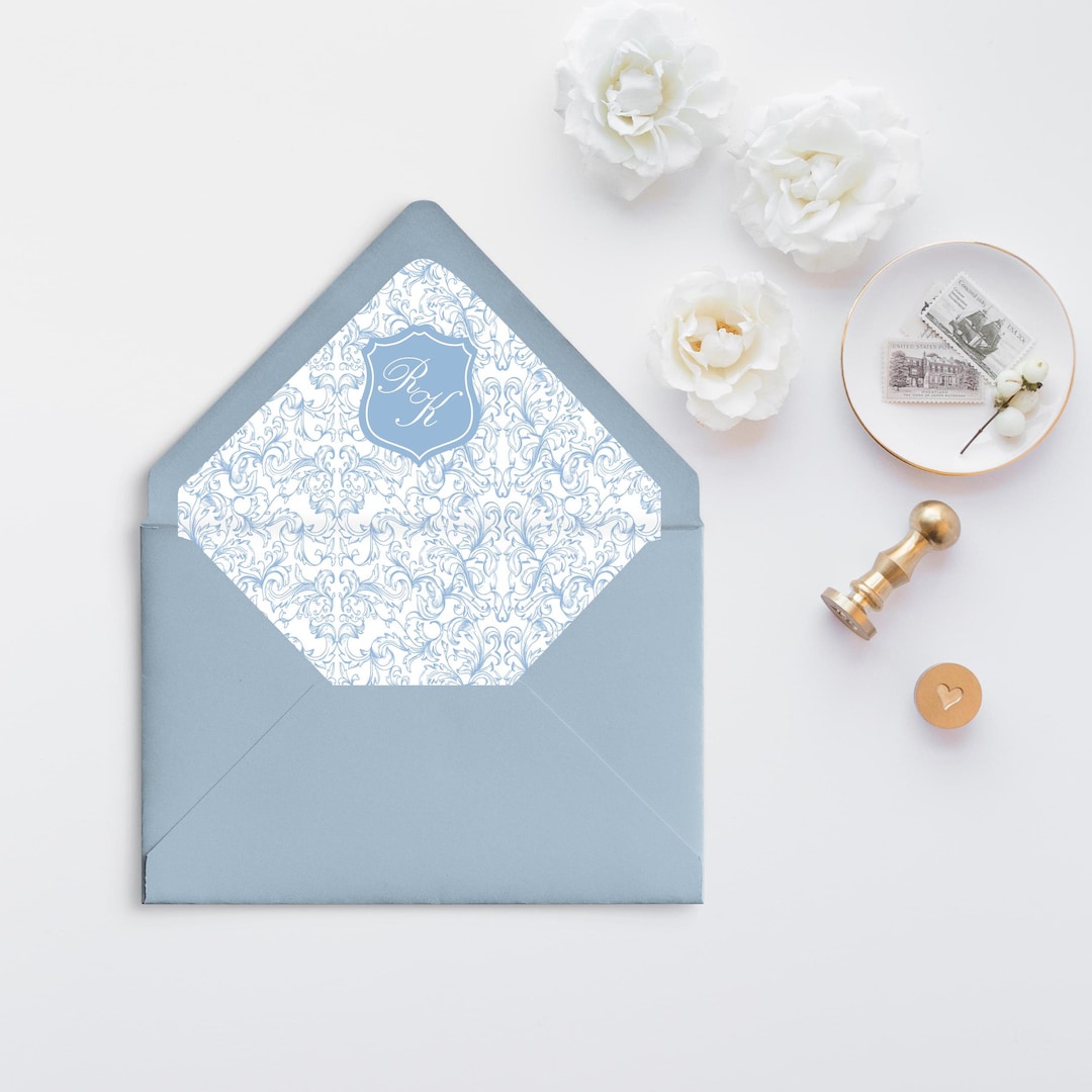 Dusty Blue Damask Lined Envelopes| Light Blue Wedding Crest Envelopes ...