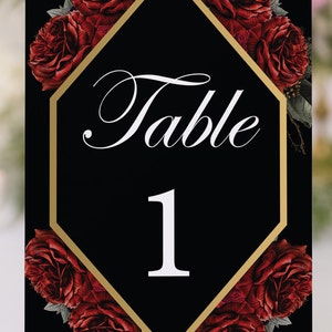 Red Roses Table Numbers Moody Wedding Table Numbers Floral Table ...