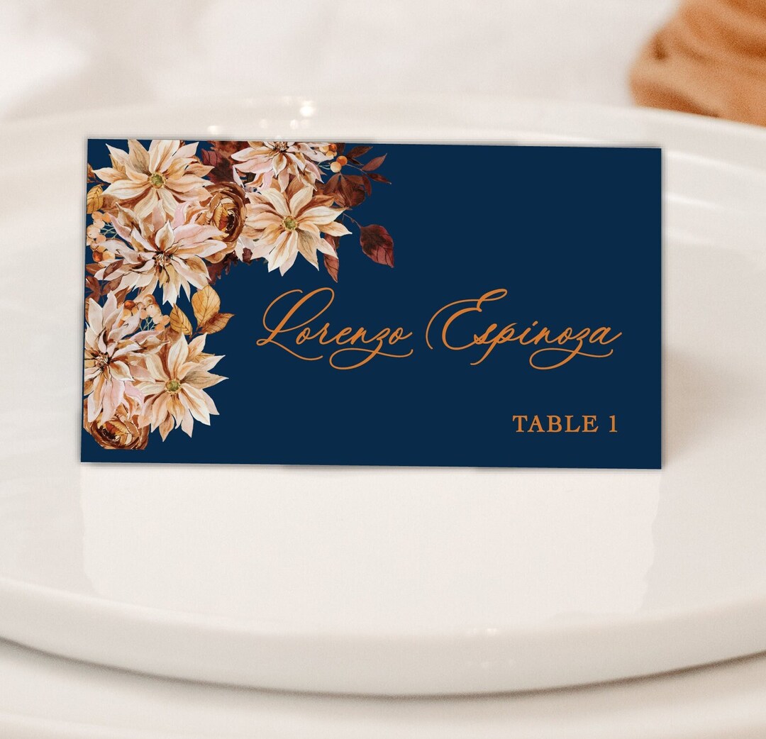 Blue and Copper Place Cards| Autumn Floral Seating Cards| Boho Wedding ...