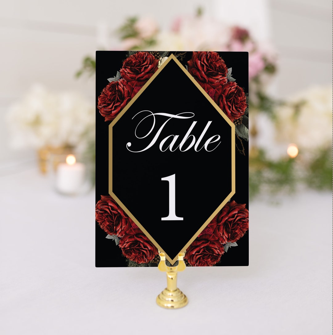 Red Roses Table Numbers Moody Wedding Table Numbers Floral Table ...