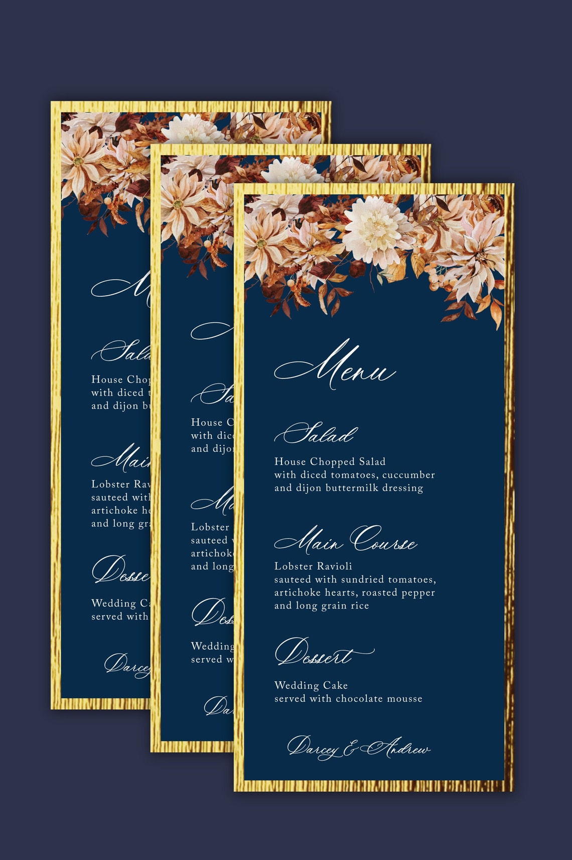 Blue Wedding Menu Card| Boho Floral Printed Menus| Autumn Floral Dinner ...