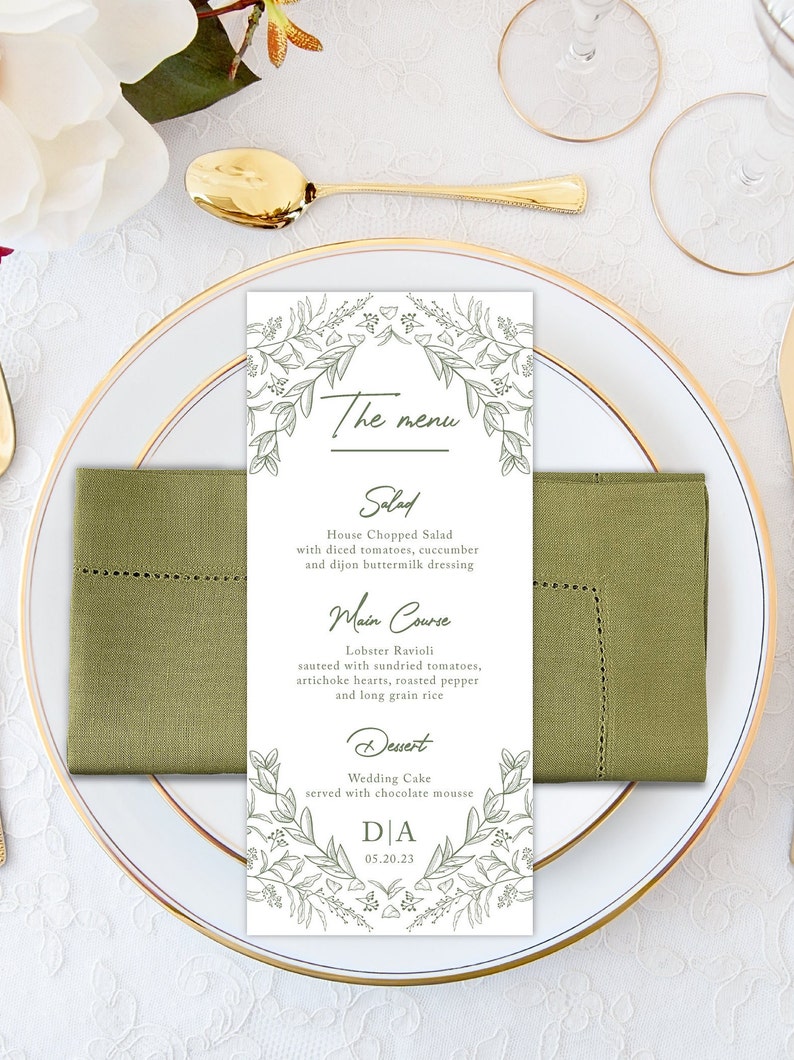 Leafy Wedding Menu Cards Olive Green Dinner Menu Cards - Etsy