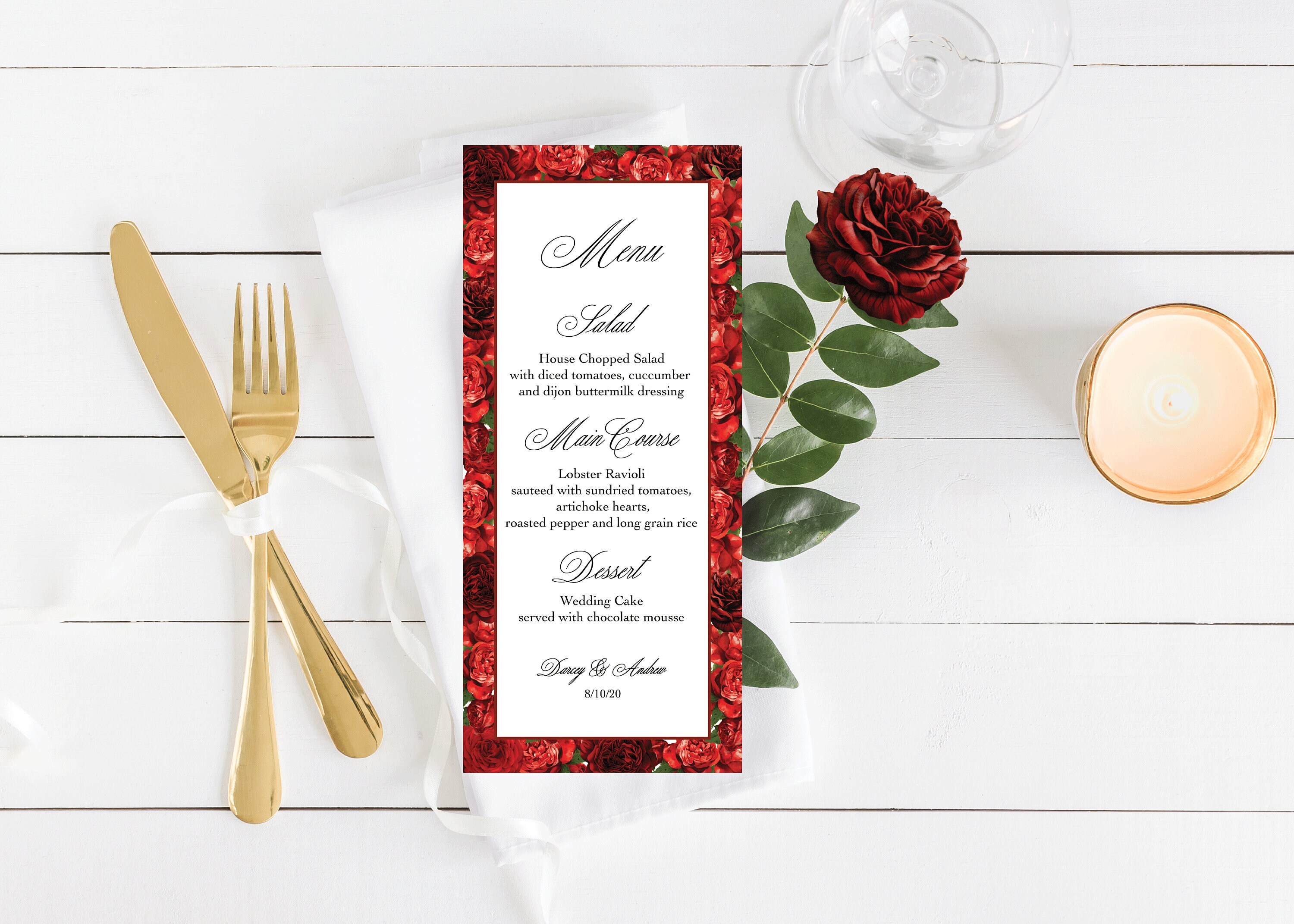 Red Roses Menu Card Burgundy Roses Menu Cards Printed Matte | Etsy