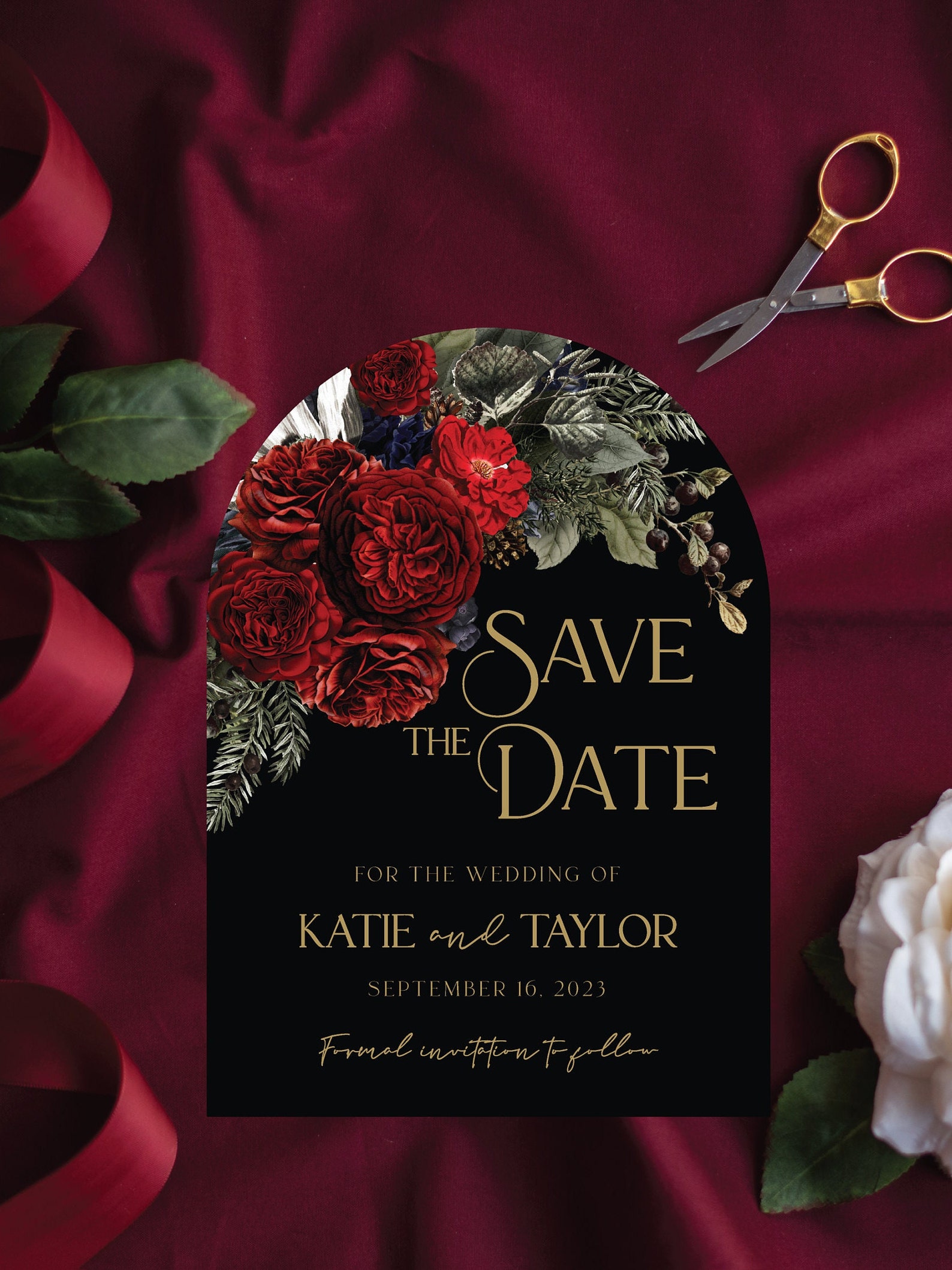 Roses Save the Date Moody Arched Save the Date Red Roses - Etsy