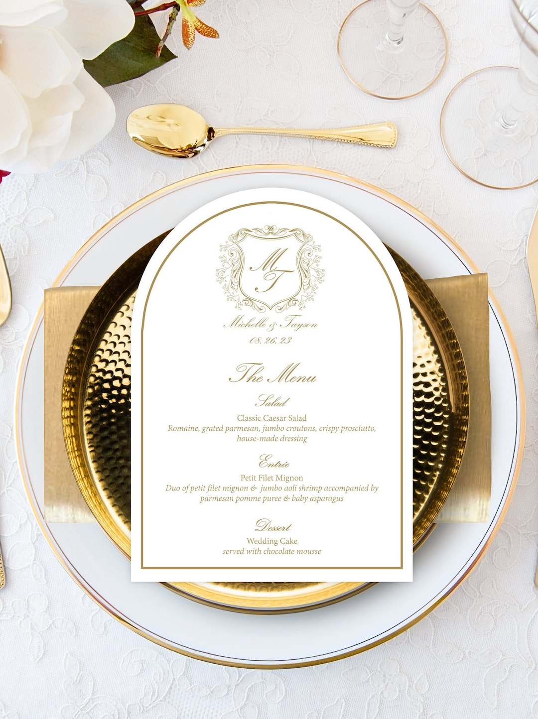 Arched Wedding Menu Cards| Gold and White Menu Cards| Monogram Dinner ...