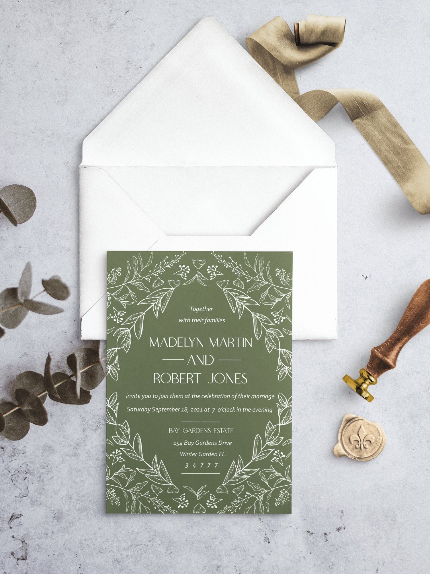 Green Wedding Invitation Leafy Olive Green Invitation | Etsy