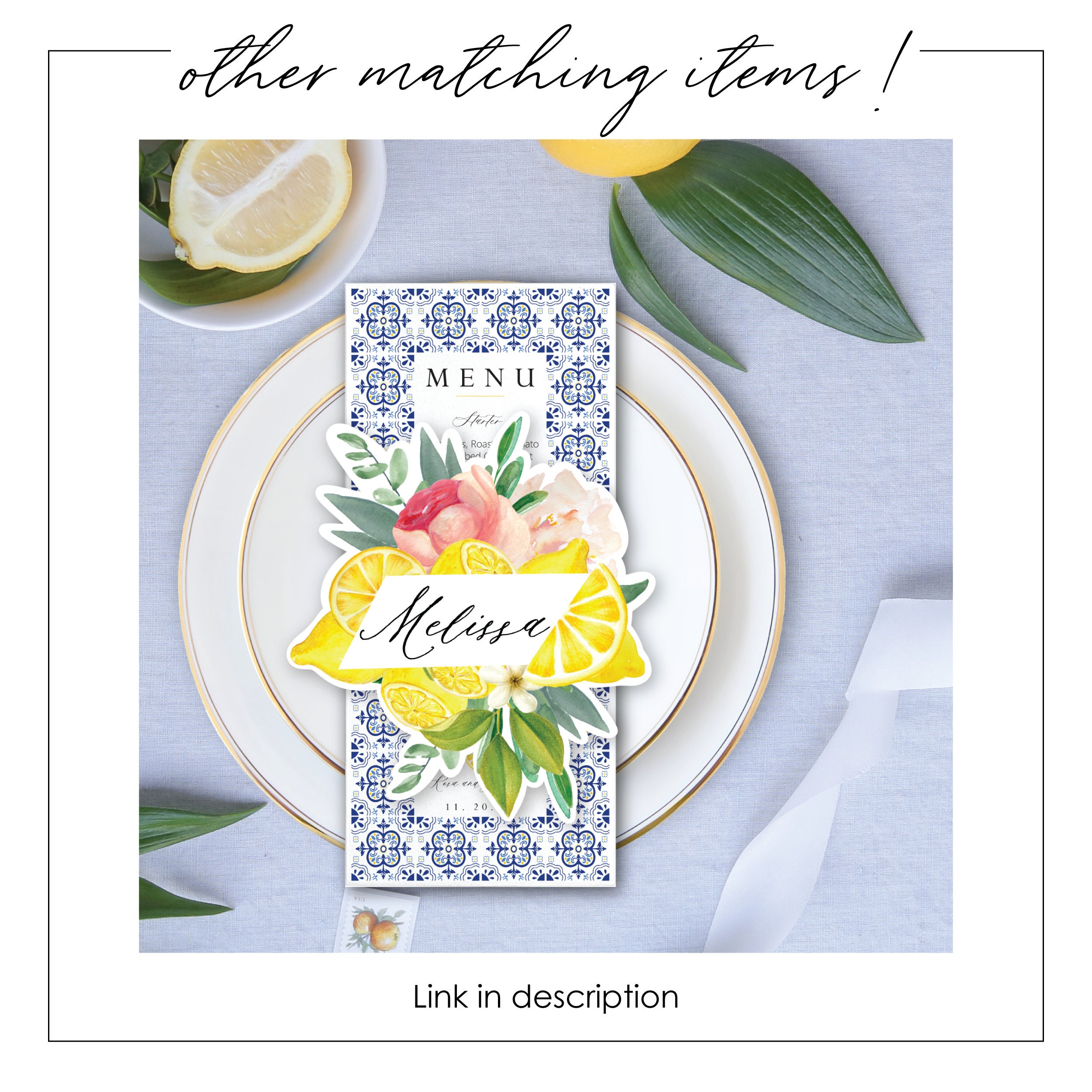 Mediterranean Blue Tile Menu Card Lemon Wedding Menu Cards - Etsy