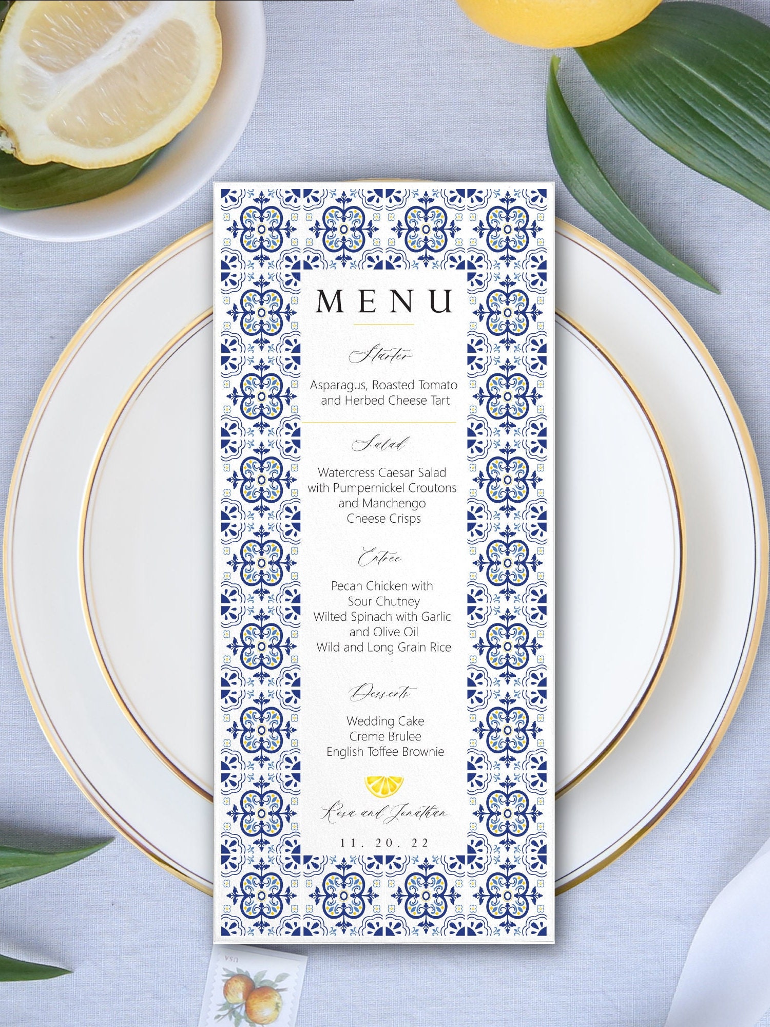 Mediterranean Blue Tile Menu Card Lemon Wedding Menu Cards - Etsy