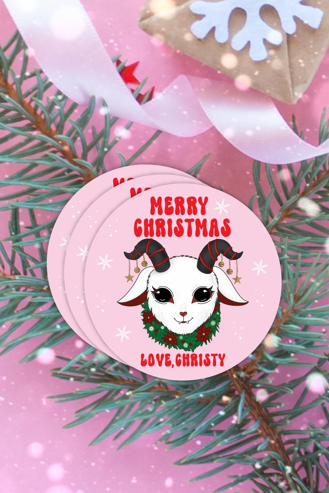 Pink Christmas Gift Stickers | Yule Goat Christmas Gift Labels | Pastel ...