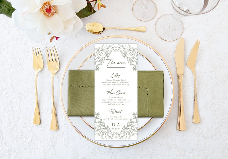 Leafy Wedding Menu Cards Olive Green Dinner Menu Cards - Etsy