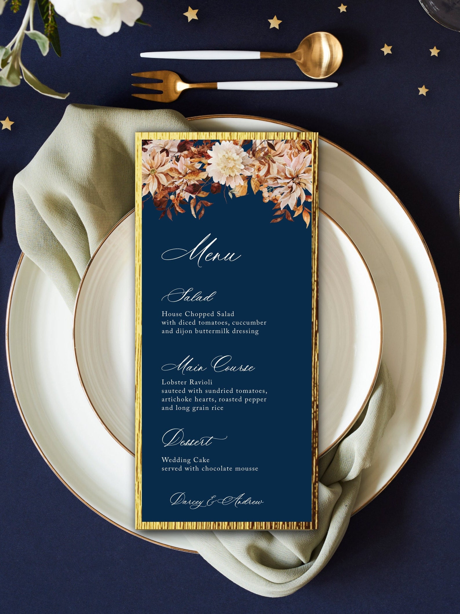 Blue Wedding Menu Card Boho Floral Printed Menus Autumn - Etsy