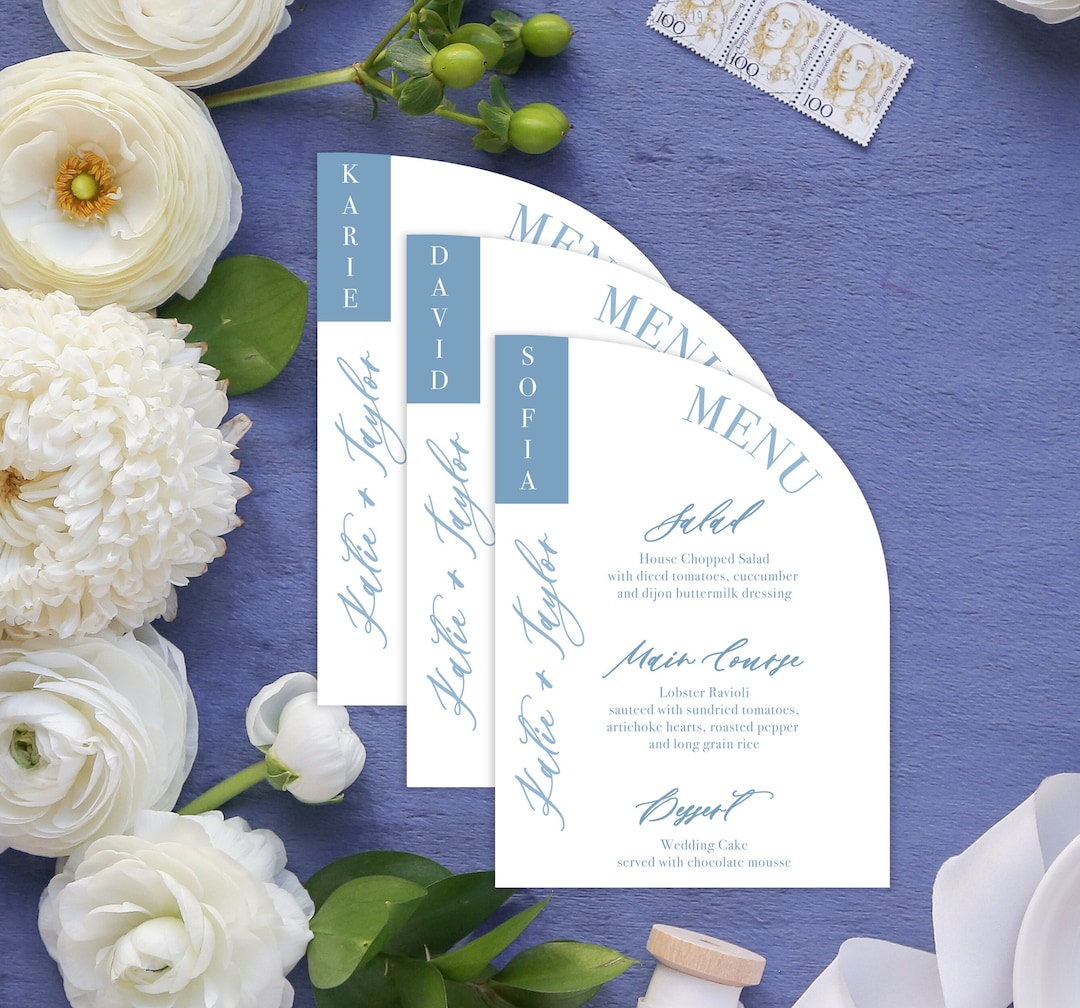 Dusty Blue Wedding Menu Cards| Arched Dinner Menu| Vintage Blue ...