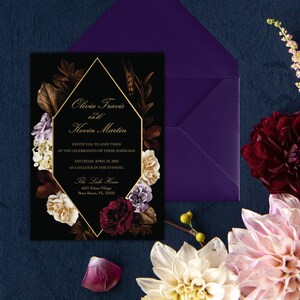 Dark Floral Wedding Invitation Purple Moody Invitation Black Botanical ...