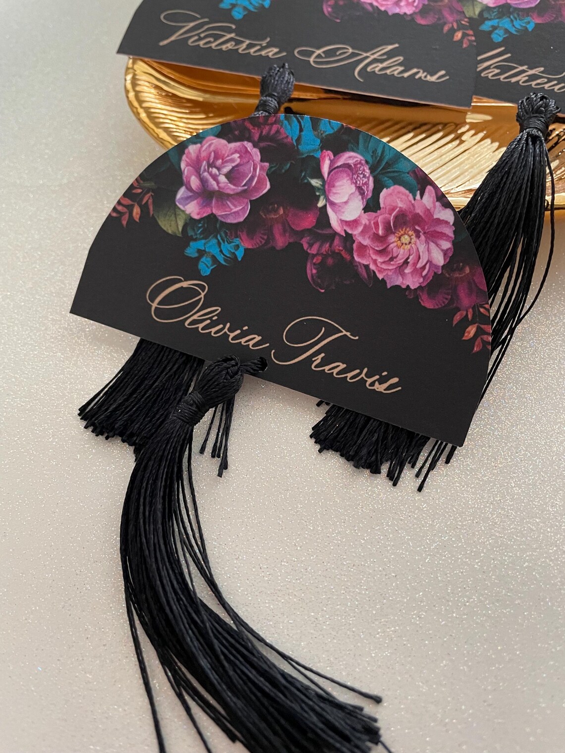 Jewel Tone Floral Place Cards | Moody Floral Tassel Seating Cards ...
