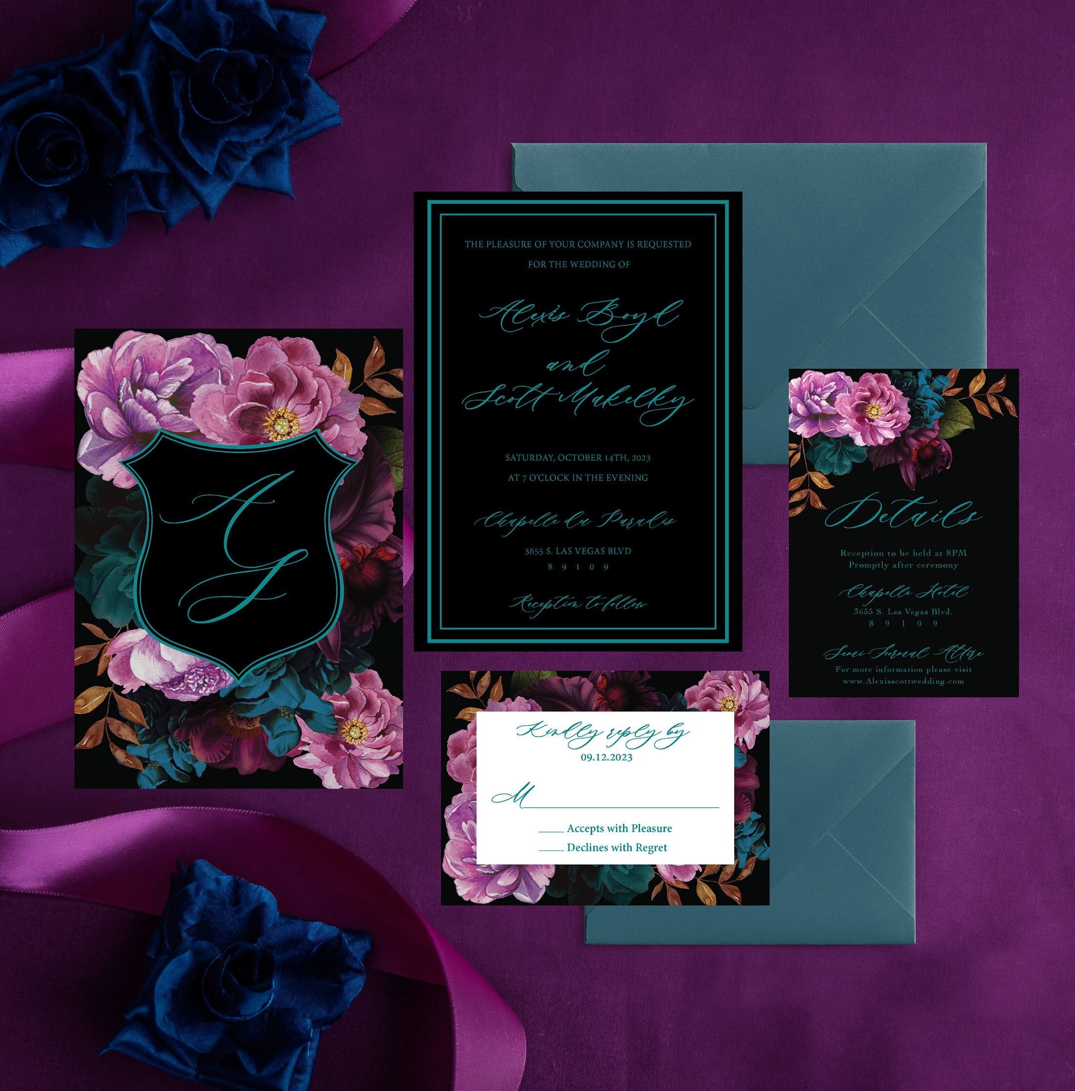 Teal Wedding Invitation Jewel Tone Floral Wedding Invitation - Etsy