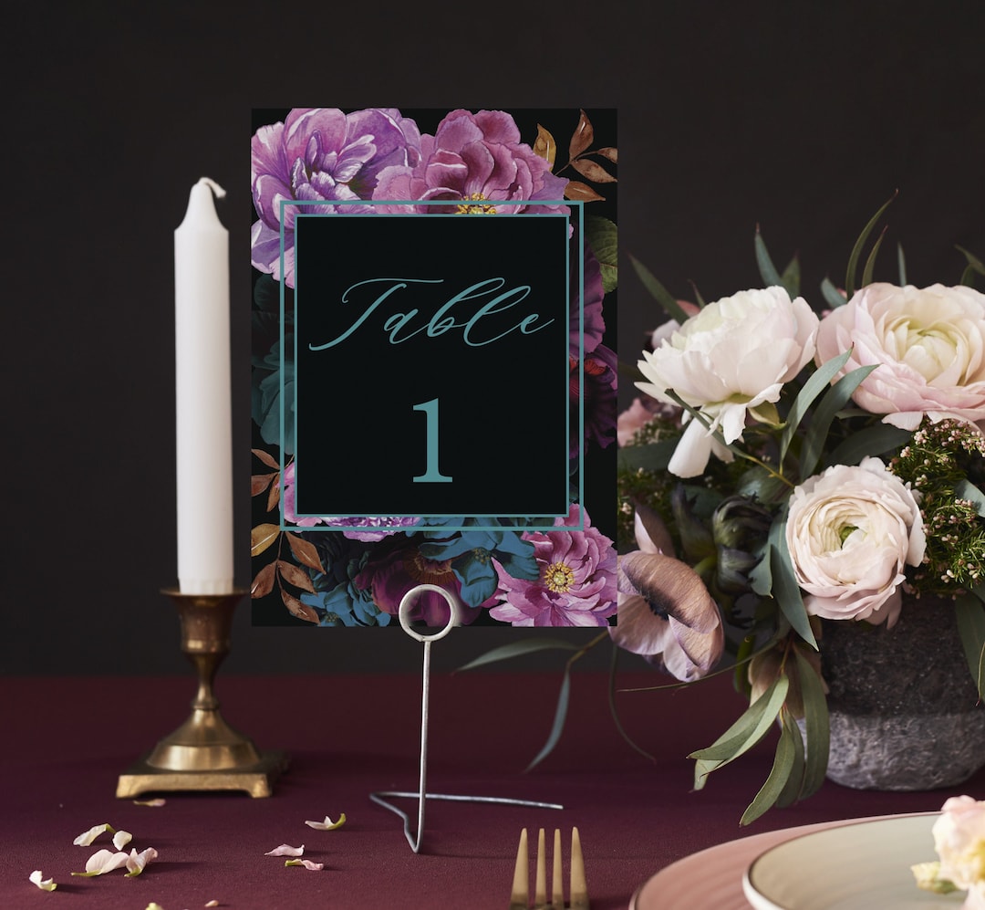 Jewel Tone Floral Table Numbers| Moody Teal Table Number Cards| Purple ...