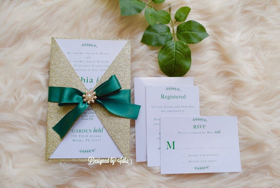 Emerald Green Wedding Invitation | Gold Glitter and Forest Green ...