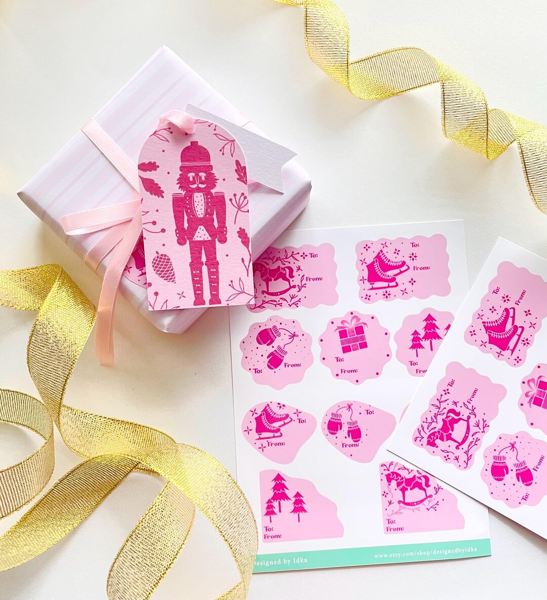 Pink Christmas Gift Tags and Sticker Bundle Christmas Gift Wrapping Set ...