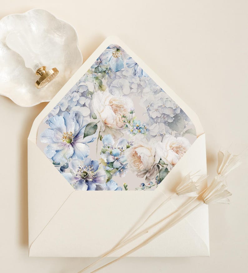 Dusty Blue Floral Shimmer Envelopes Watercolor Hydrangeas Envelope ...
