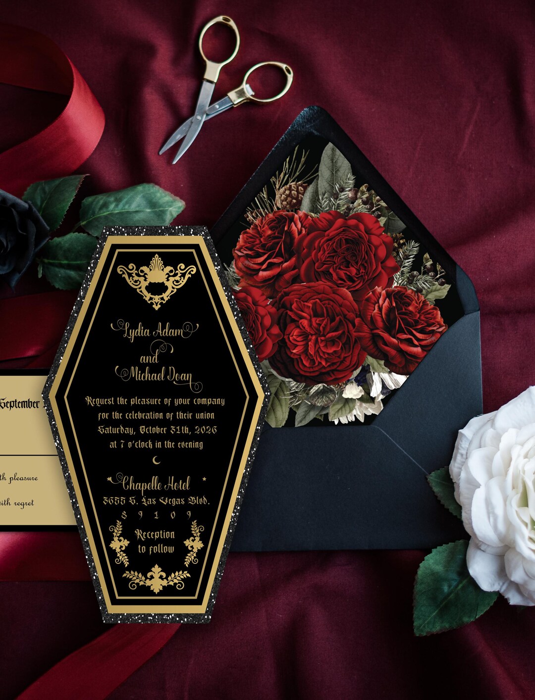 Black and Gold Coffin Wedding Invitation | Coffin and Red Roses ...
