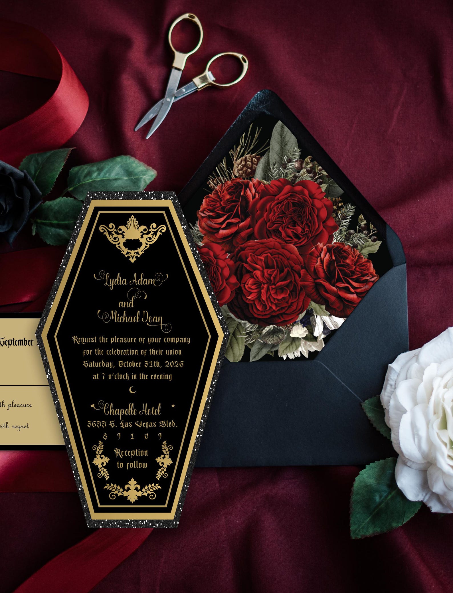 Black and Gold Coffin Wedding Invitation | Coffin and Red Roses ...