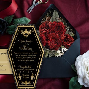 Black and Gold Coffin Wedding Invitation | Coffin and Red Roses ...