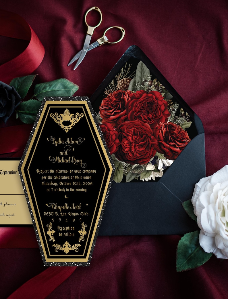 Black and Gold Coffin Wedding Invitation | Coffin and Red Roses ...