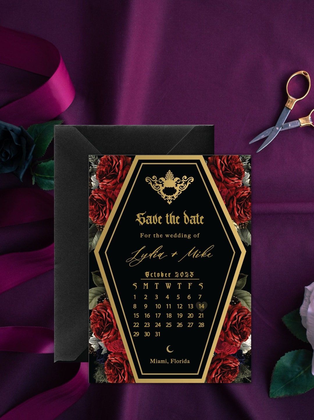 Coffin Red Roses Save the Date| Gothic Save the Date| Roses Calendar ...