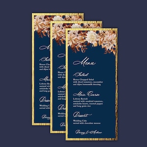 Blue Wedding Menu Card| Boho Floral Printed Menus| Autumn Floral Dinner ...
