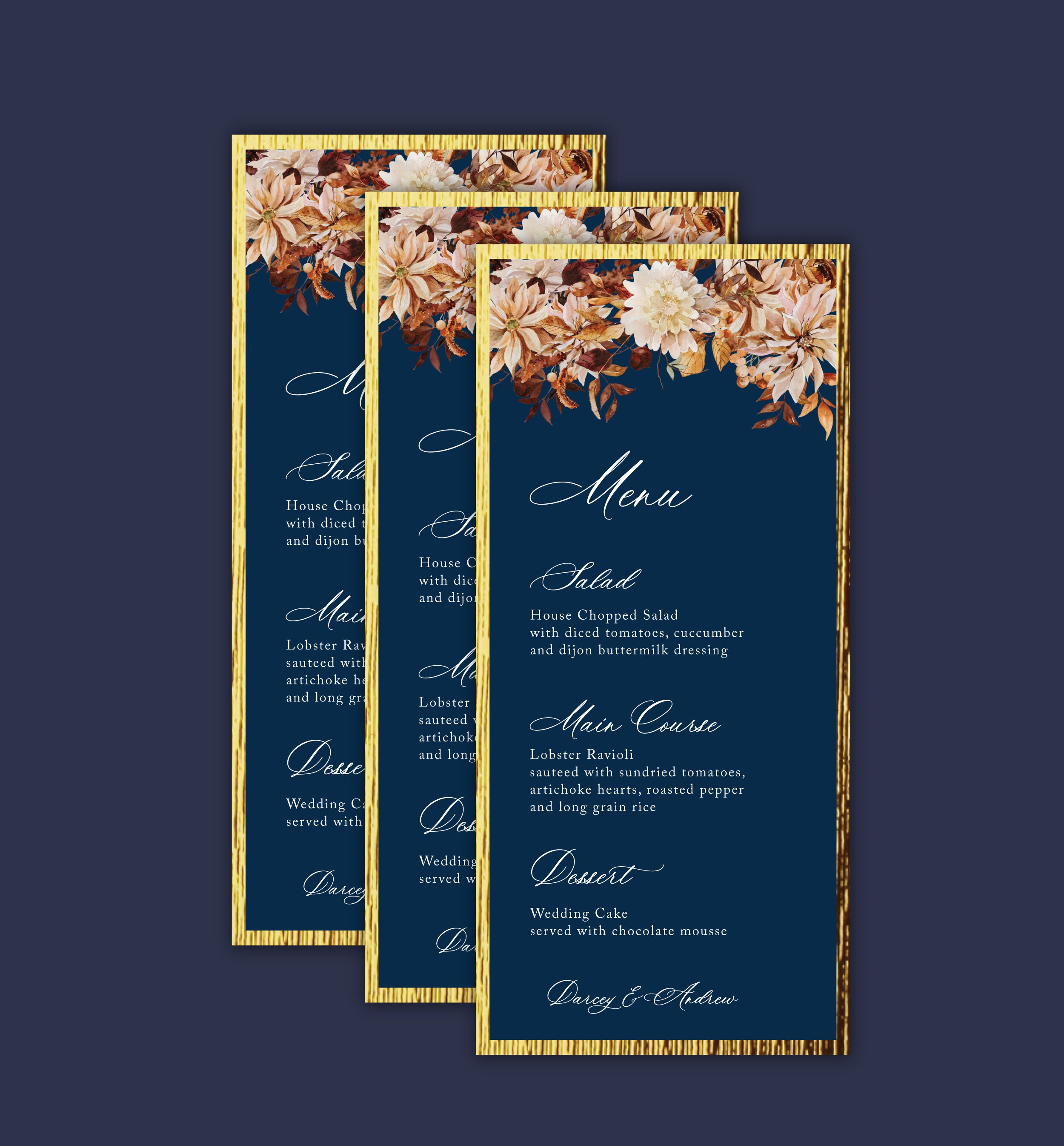 Blue Wedding Menu Card| Boho Floral Printed Menus| Autumn Floral Dinner ...