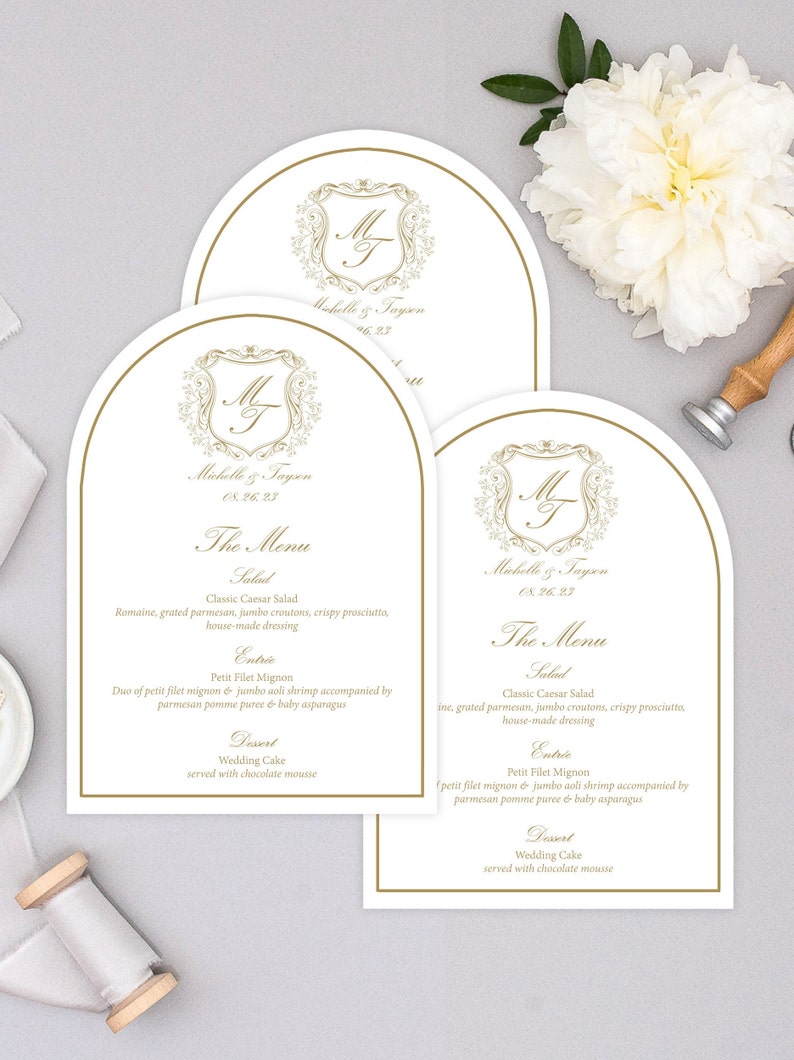 Arched Wedding Menu Cards| Gold and White Menu Cards| Monogram Dinner ...
