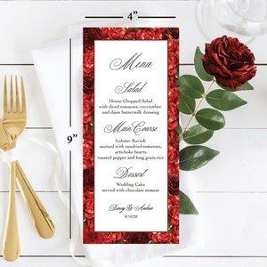 Red Roses Menu Card| Burgundy Roses Menu Cards| Floral Menu Card ...
