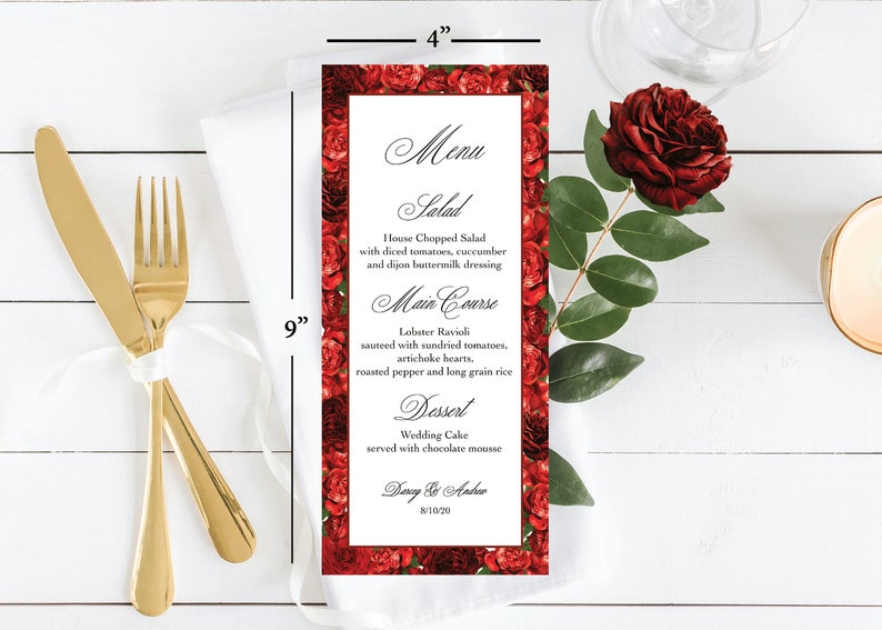 Red Roses Menu Card Burgundy Roses Menu Cards Printed Matte - Etsy