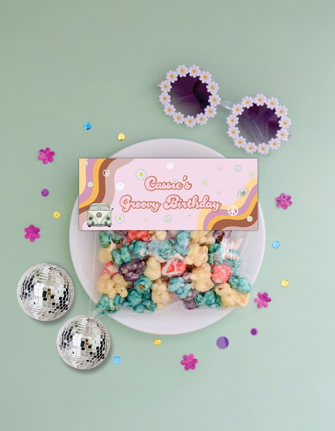 Retro Birthday Bag Toppers Groovy Van Bag Labels Hippie Birthday Favor ...