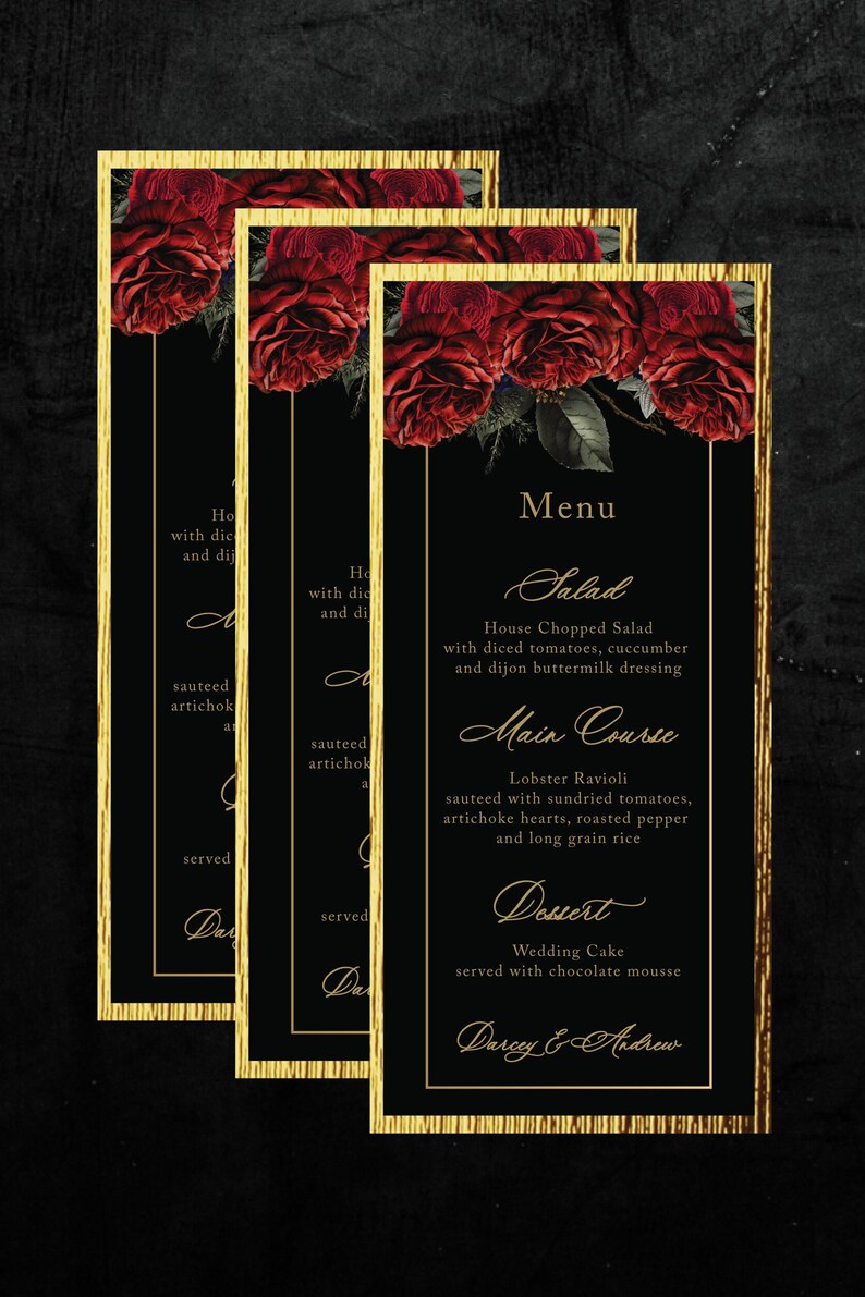 Red Roses Menu Card Moody Floral Wedding Menu Cards Wedding - Etsy
