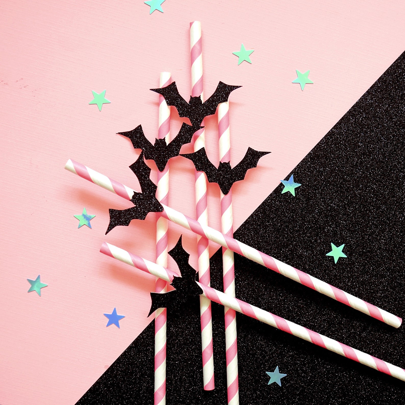 Pink Halloween Paper Straws Black Glitter Bat Party Straws | Etsy
