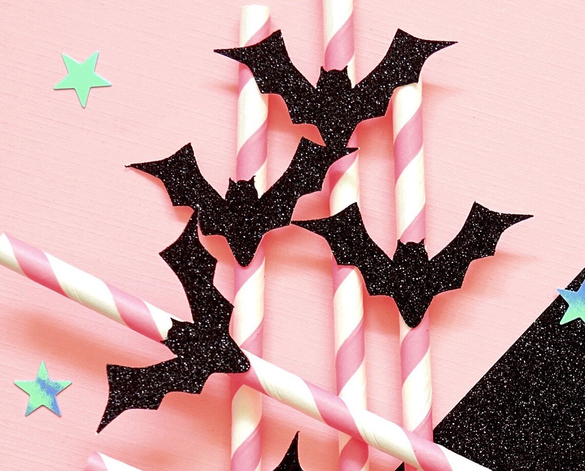 Pink Halloween Paper Straws Black Glitter Bat Party Straws | Etsy