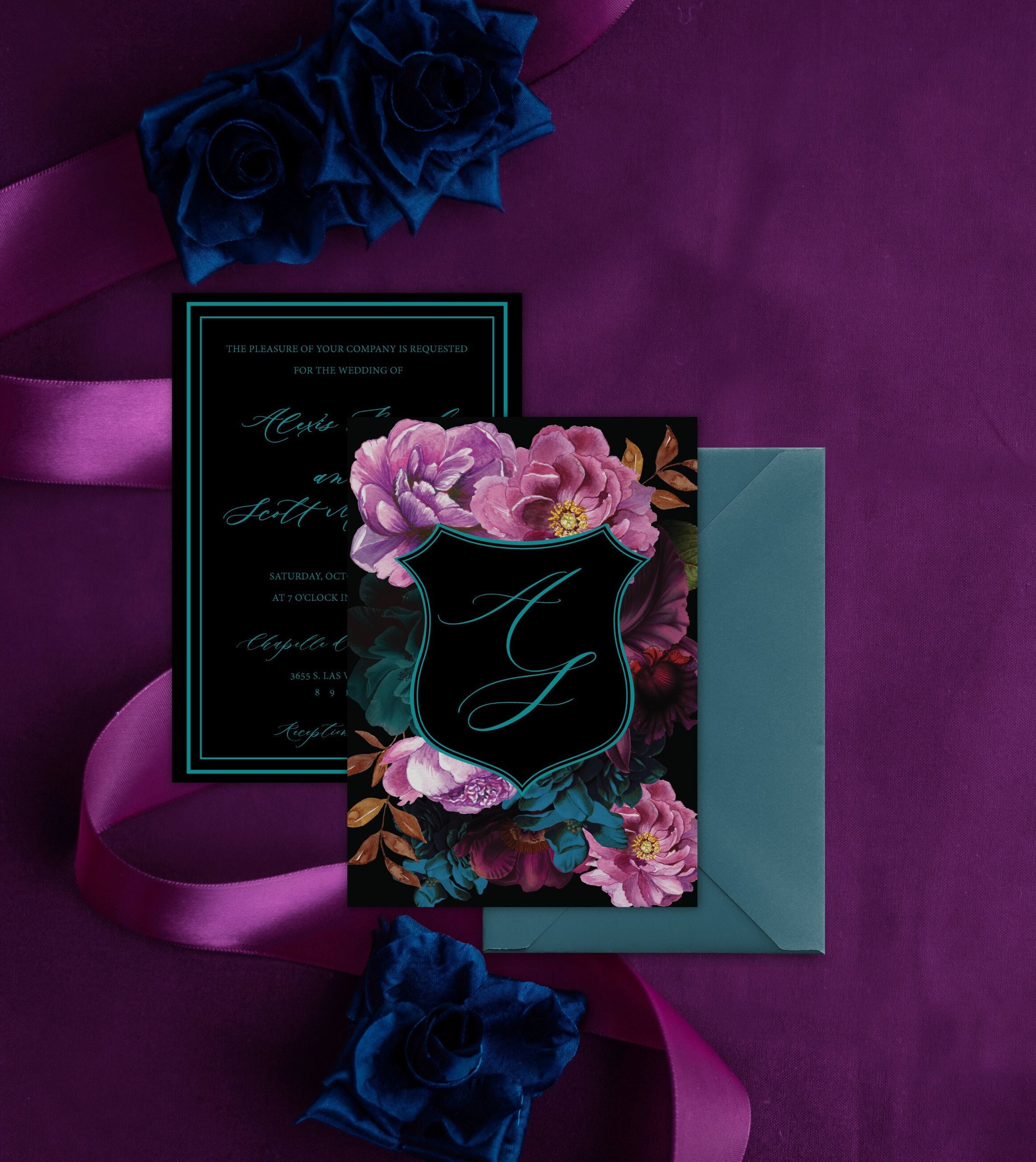 Teal Wedding Invitation Jewel Tone Floral Wedding Invitation - Etsy