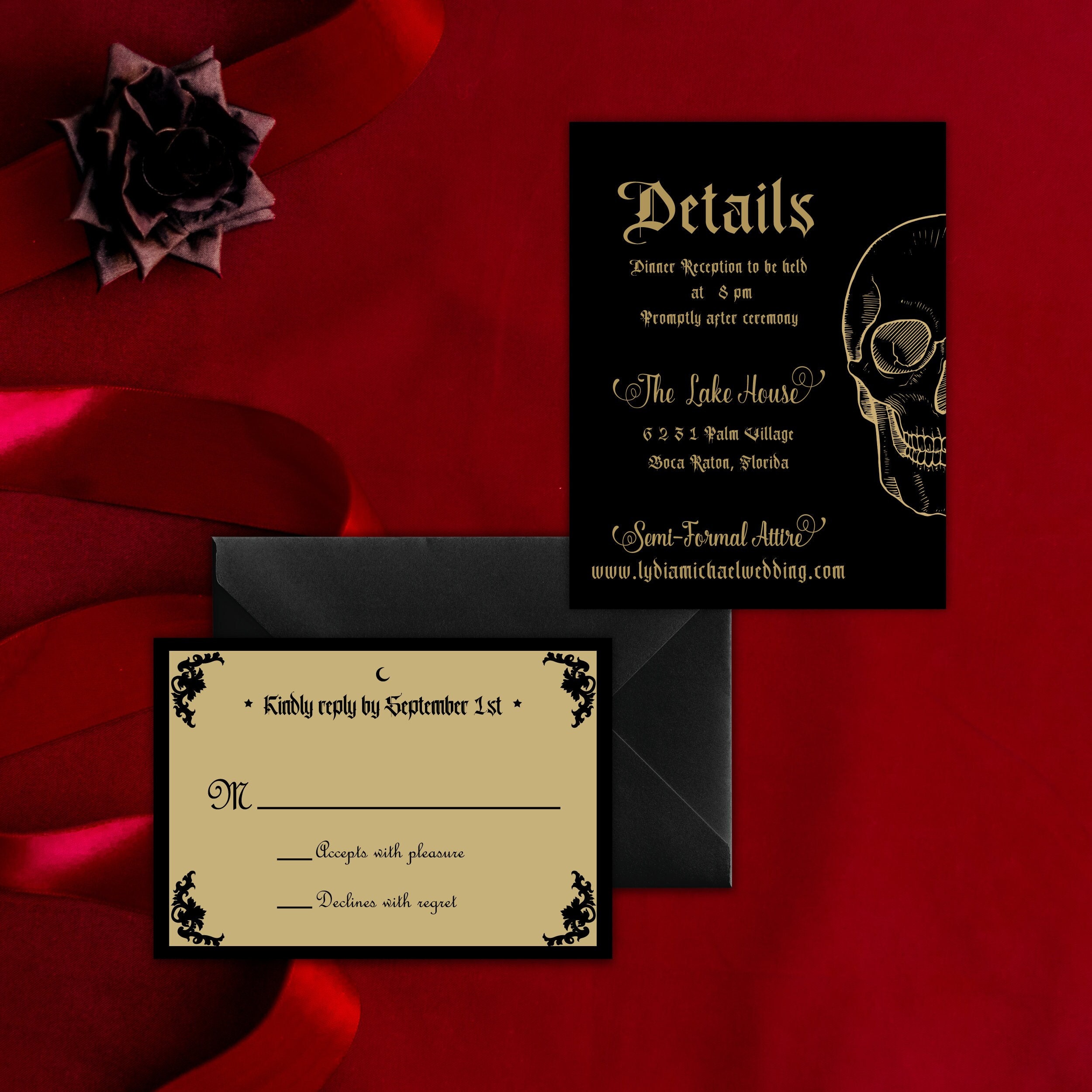 Black and Gold Coffin Wedding Invitation | Coffin and Red Roses ...