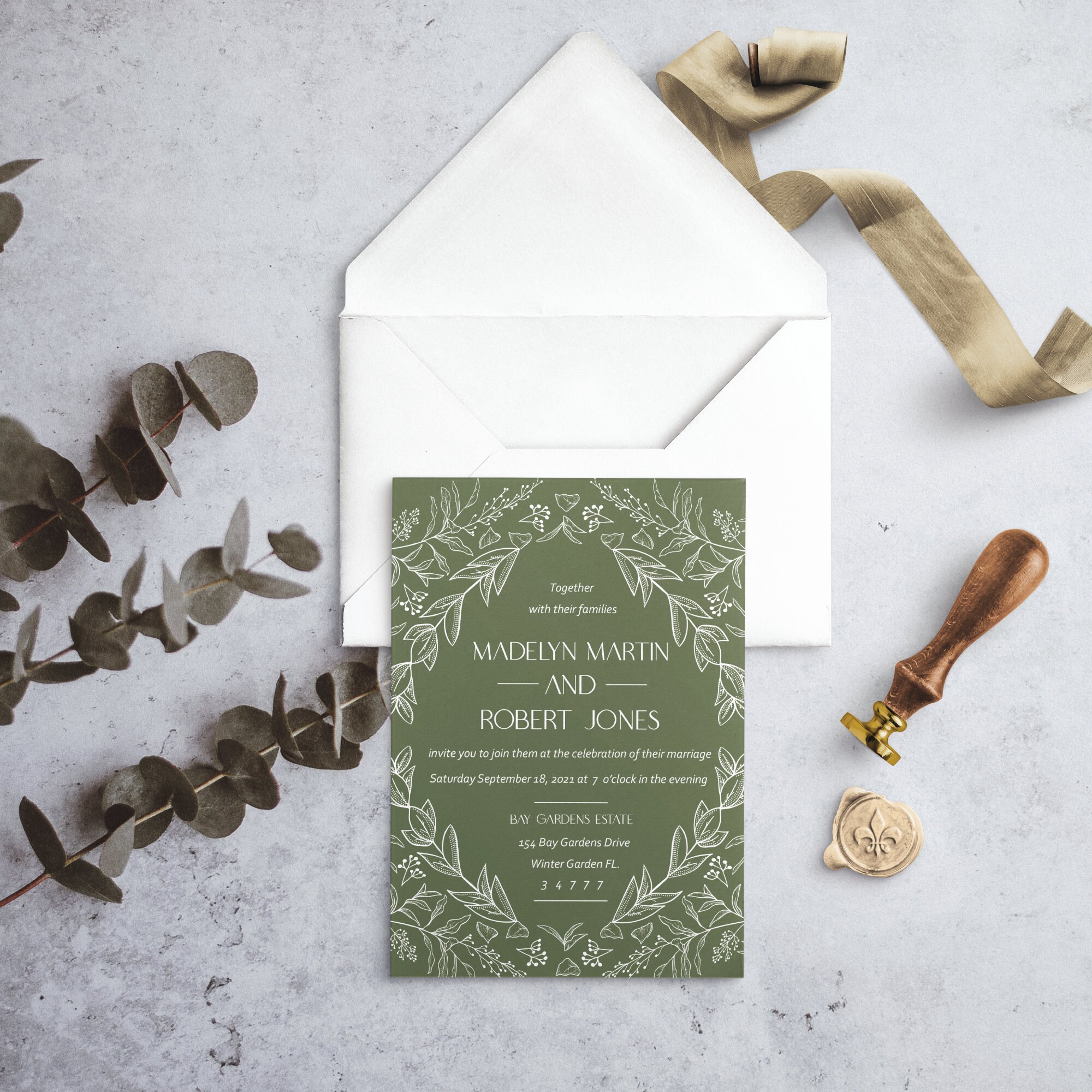 Green Wedding Invitation Leafy Olive Green Invitation | Etsy