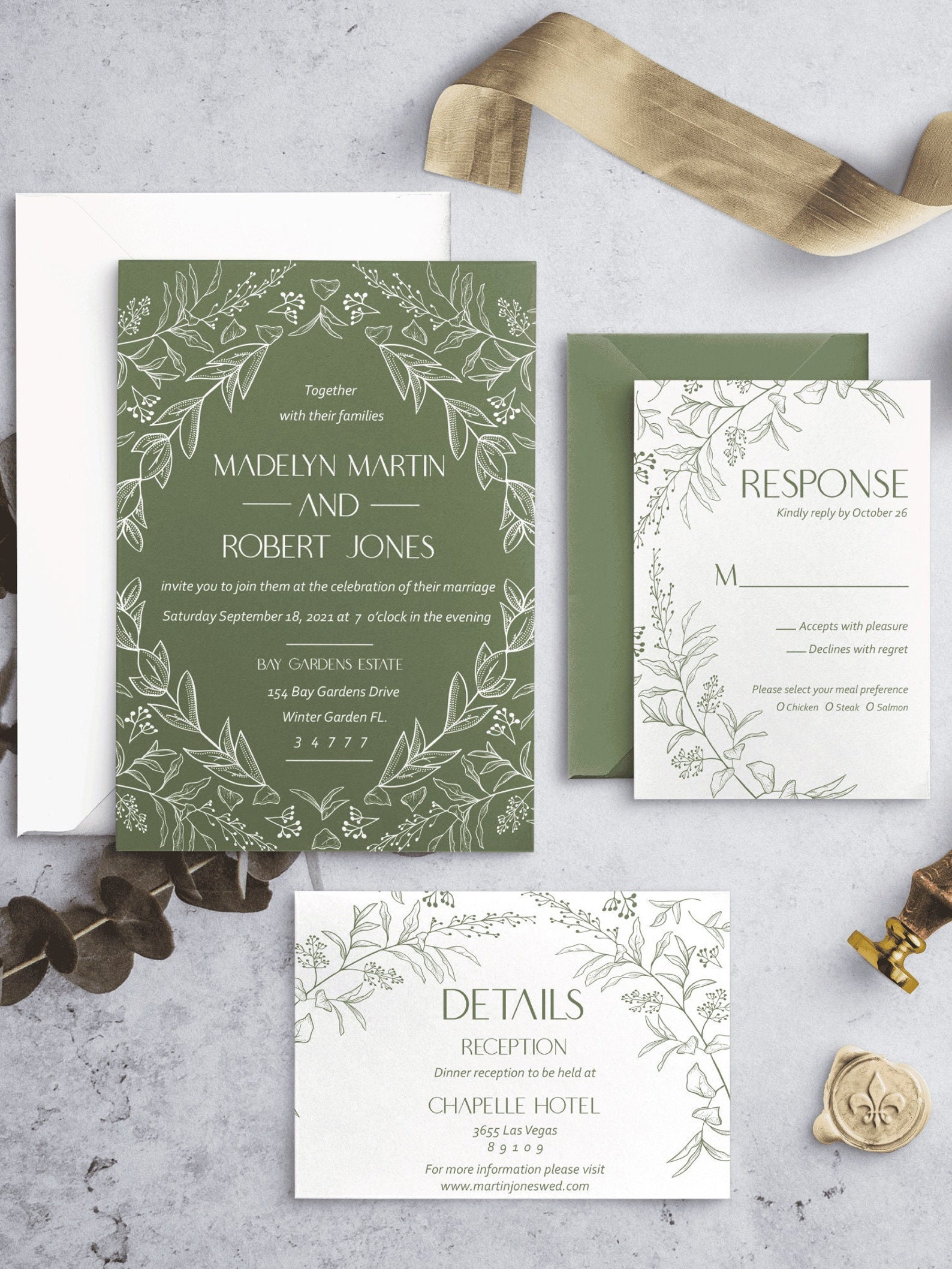 Green Wedding Invitation Leafy Olive Green Invitation | Etsy