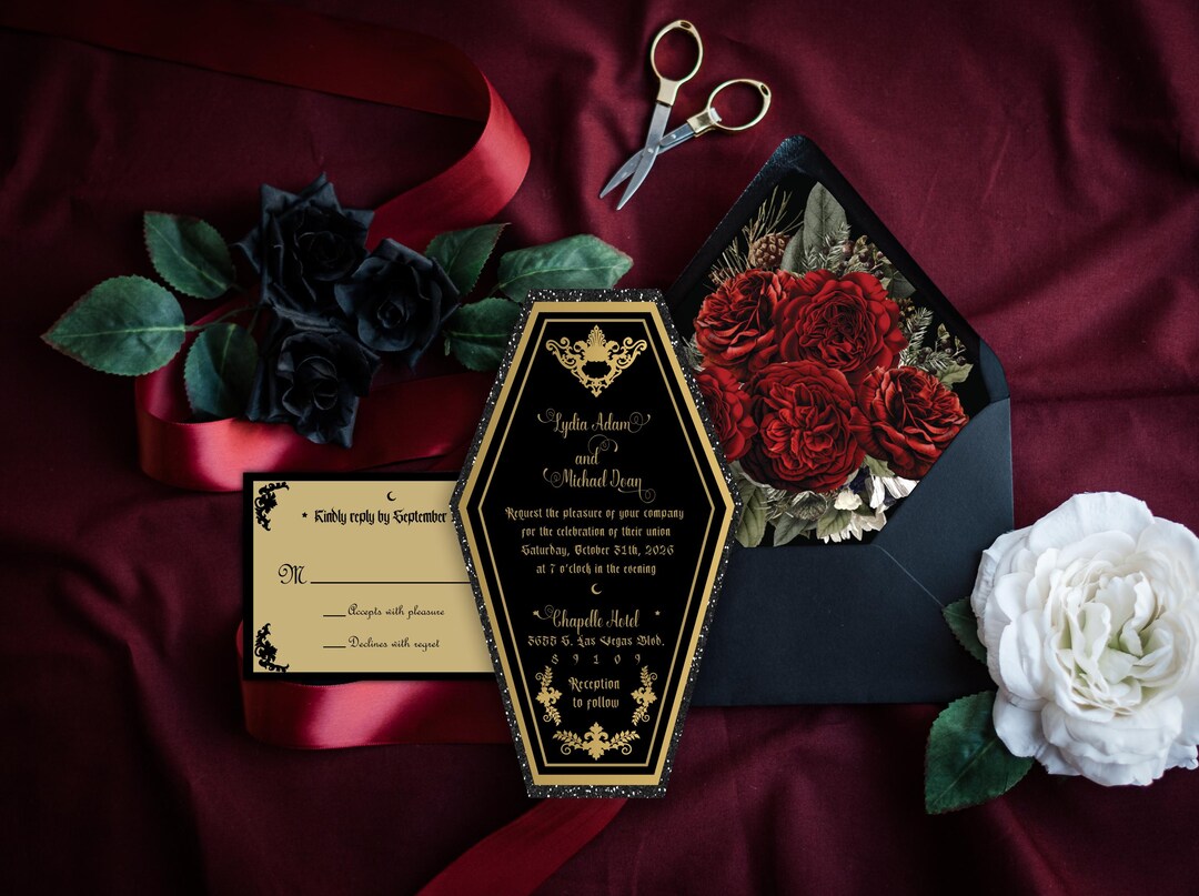 Black and Gold Coffin Wedding Invitation | Coffin and Red Roses ...