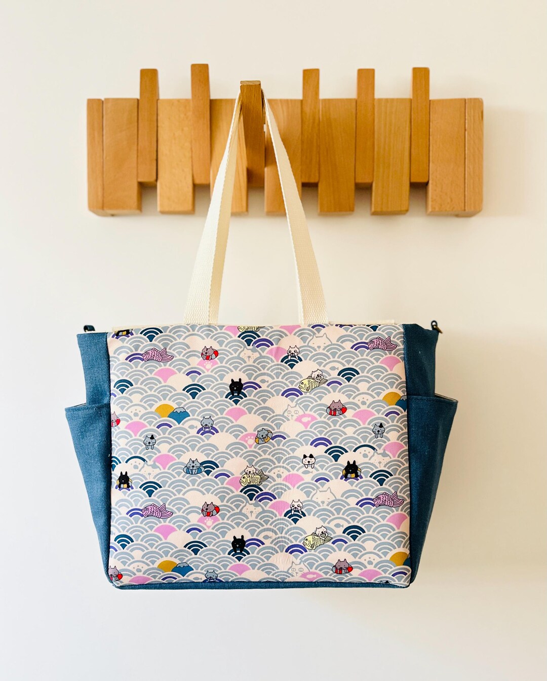 Japanese Blue Wave Cat Shoulder Bag: Embroidered Crossbody Tote - Etsy