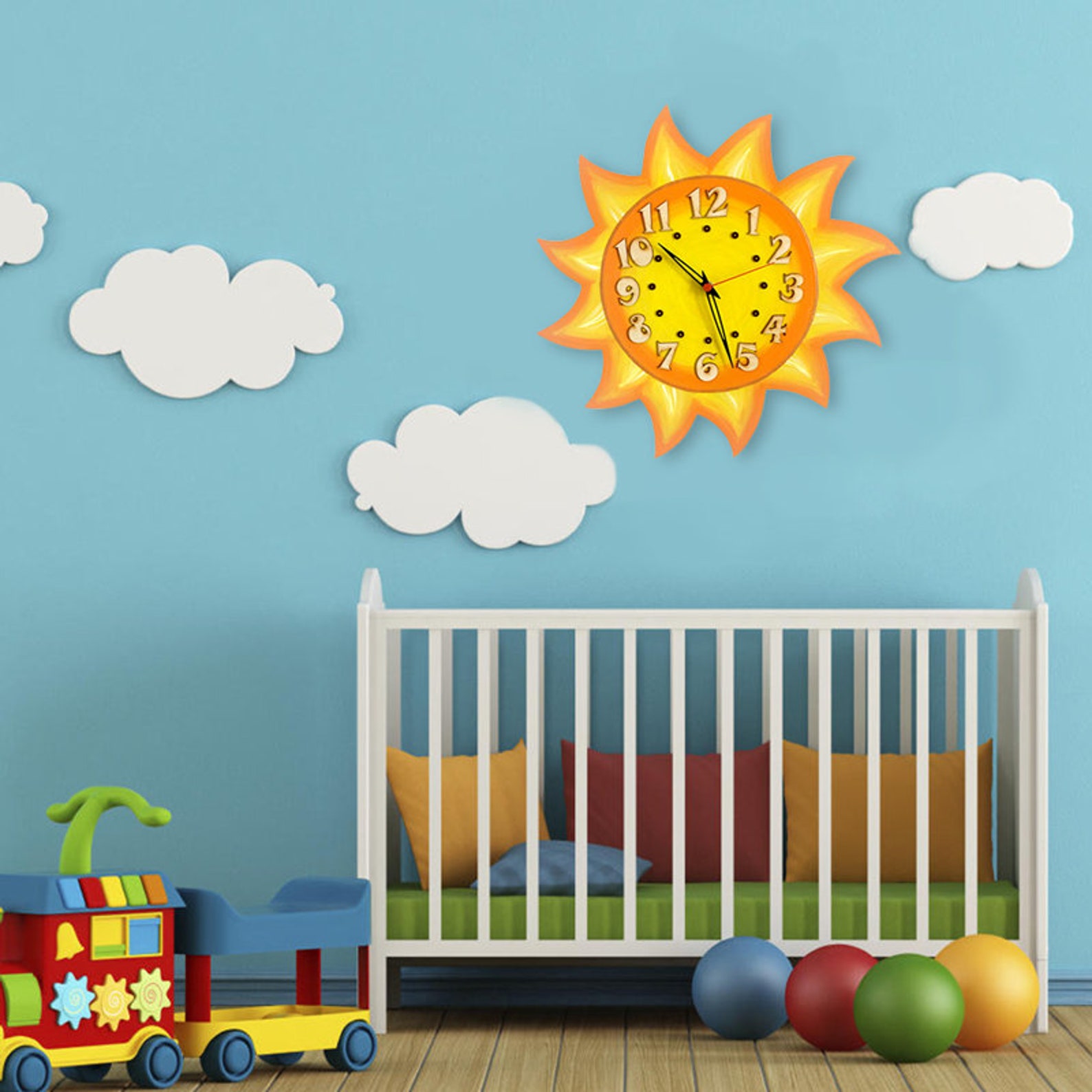 Handpainted Wooden Kid's Wall Clock SUN - Children's Gift - Silent - Etsy