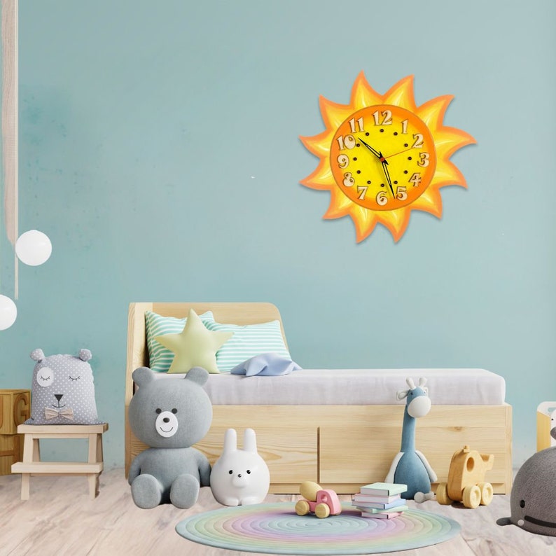 Handpainted Wooden Kid's Wall Clock SUN - Children's Gift - Silent - Etsy