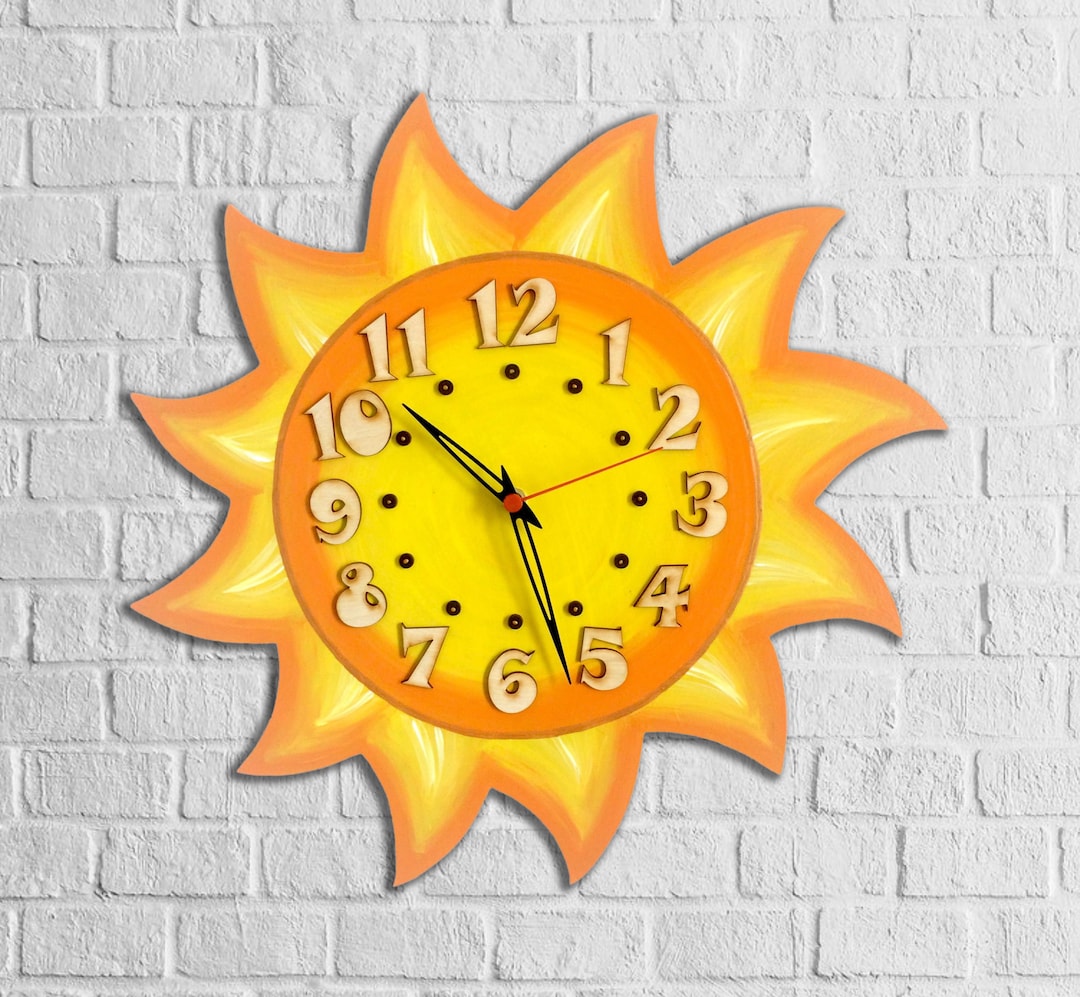 Handpainted Wooden Kid's Wall Clock SUN - Children's Gift - Silent - Etsy